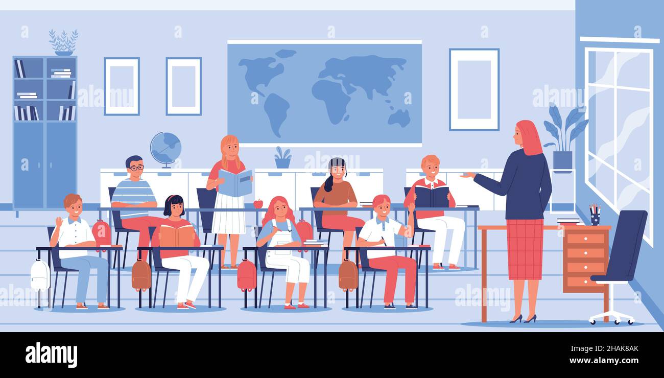 School teacher conducts a lesson with students in the classroom flat ...