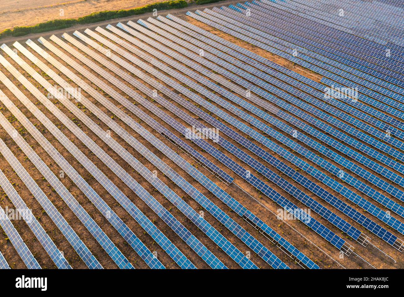 Solar panel farm under sunset sky reflecting light Stock Photo - Alamy