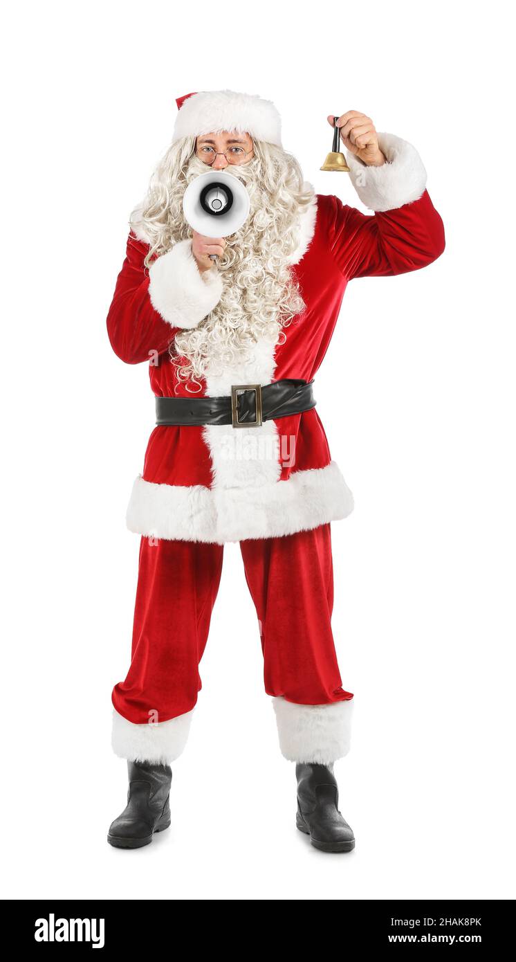 Santa Claus with Christmas bell and megaphone on white background Stock ...