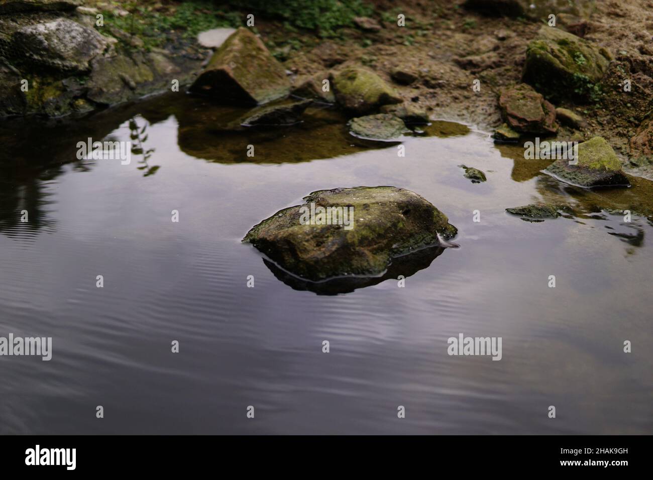 Beautiful view of a water puddle with rocks and the reflection of ...