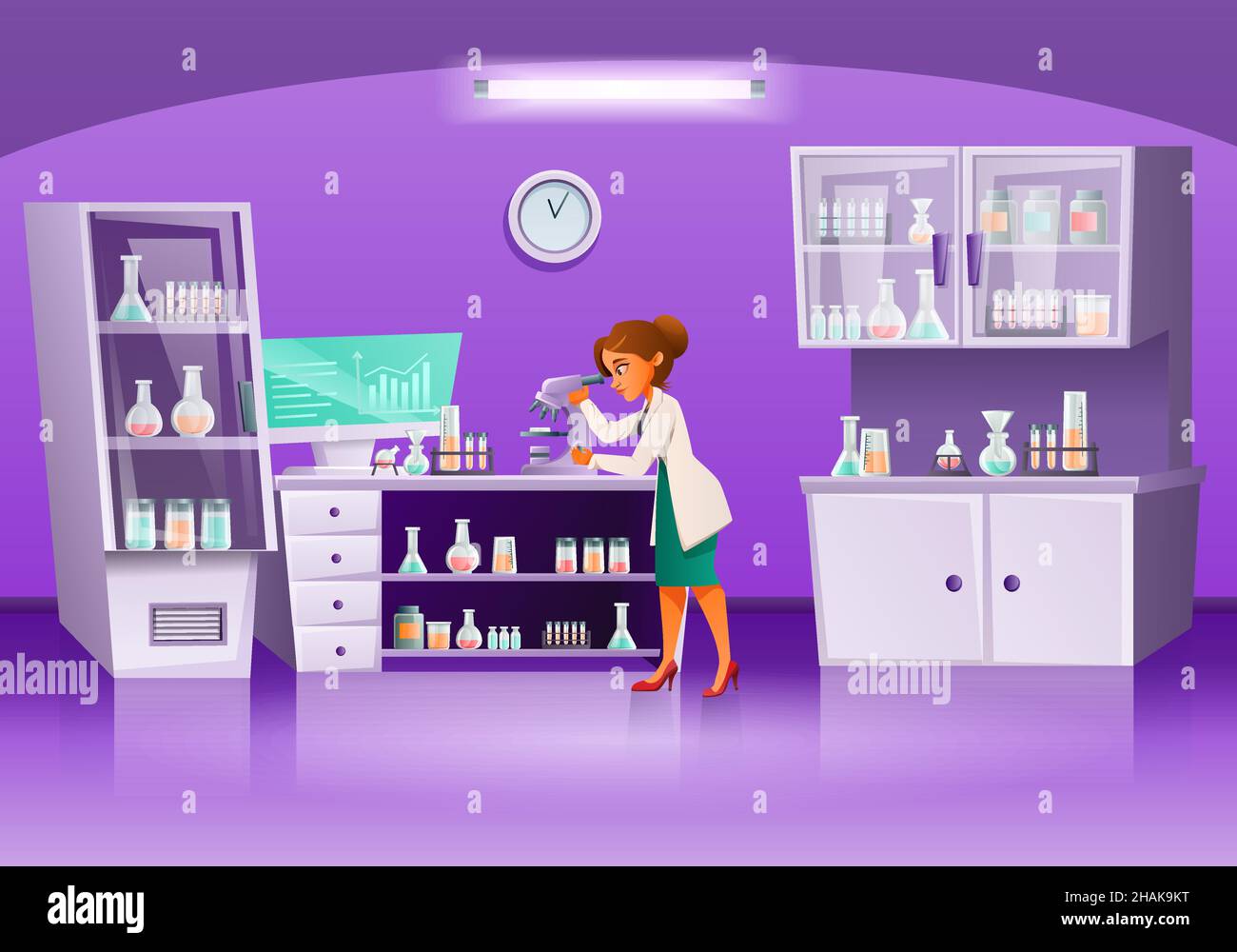 Scientists colored and cartoon composition woman scientist studying ...