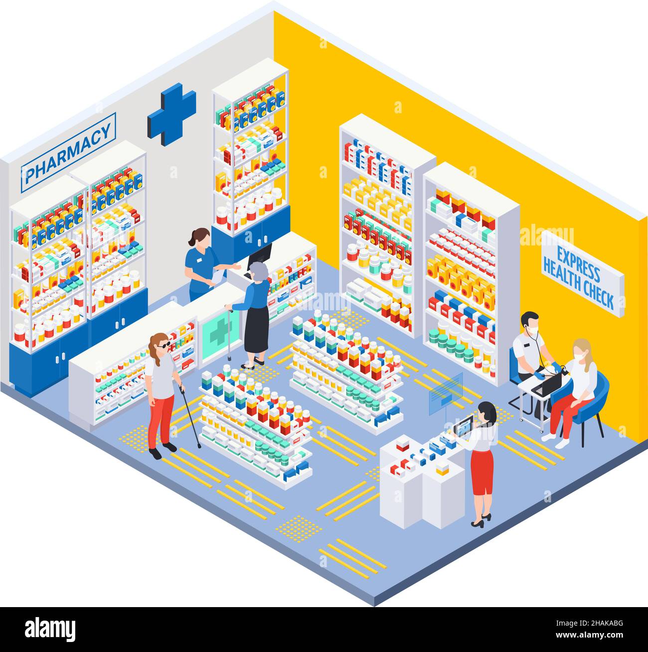 Modern pharmacy interior with showcases tactile paving for blind and ...