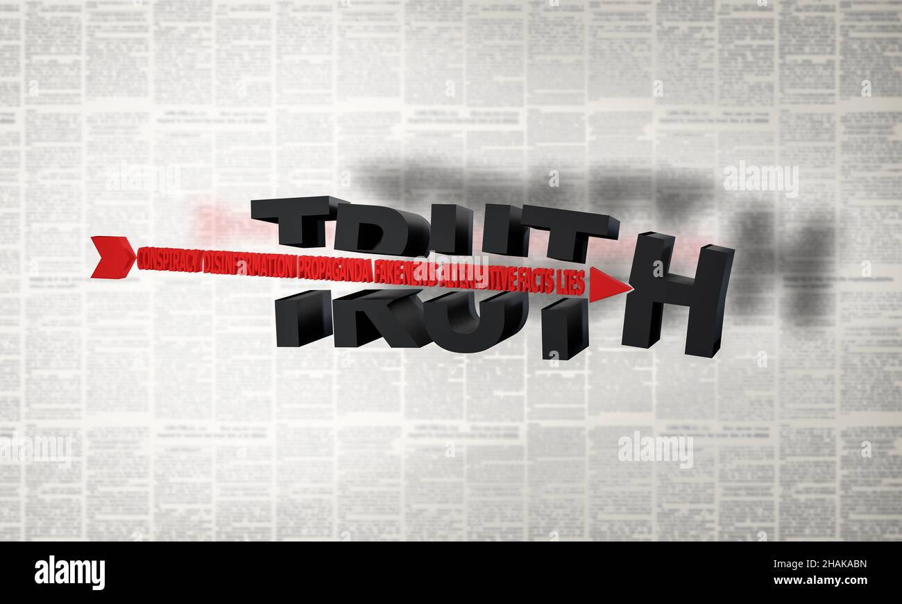 The word truth broken by an arrow of conspiracy, fake news ...
