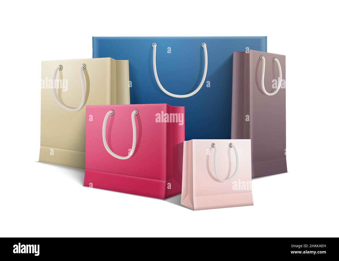 Shopping bag realistic colored composition five colored bags of ...