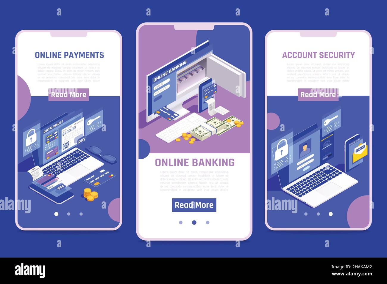 Online banking with mobile device 3 smartphone screens with accounts ...