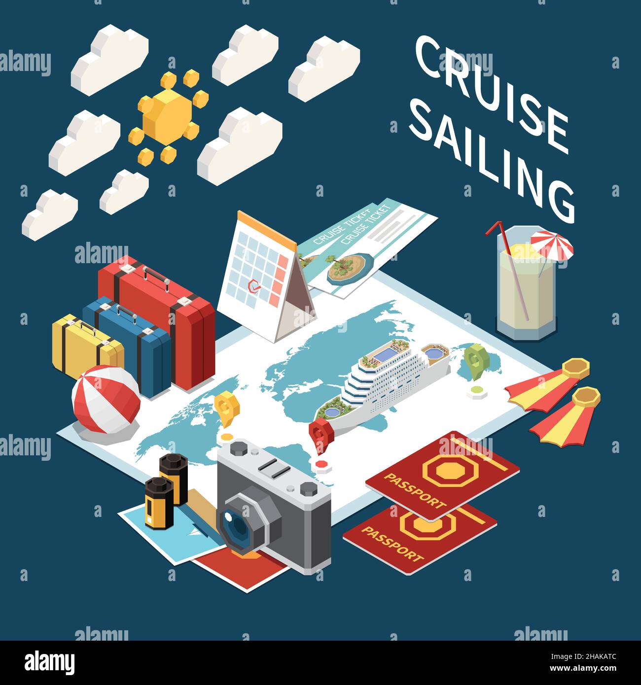 Sea cruise isometric colored concept with cruise sailing headline and ...
