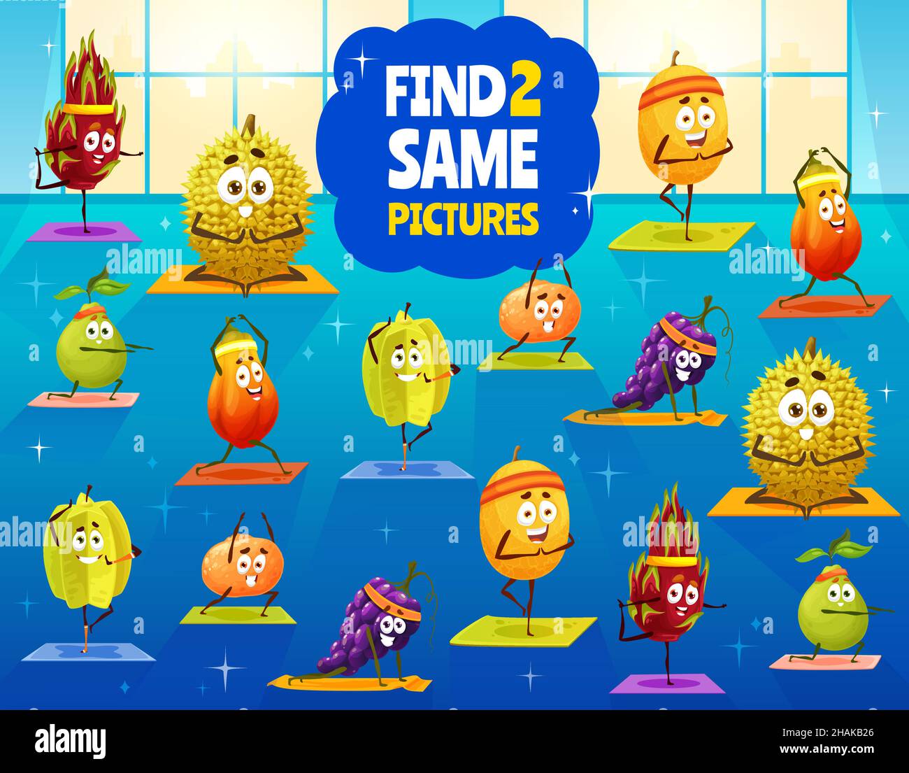 Find two same cartoon fruit characters in yoga or fitness gym stage ...