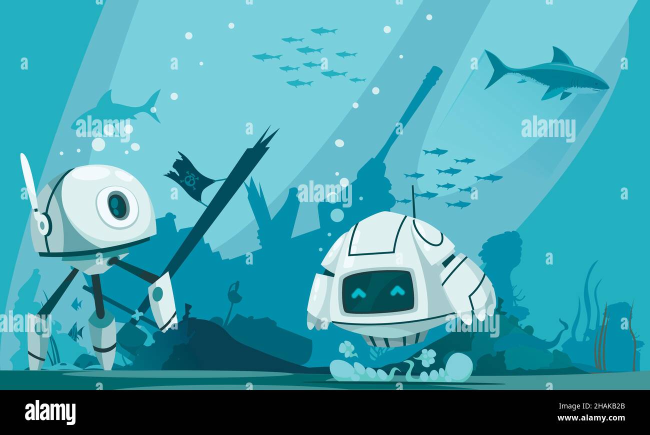 Futuristic robots marine composition with two cartoon androud ...