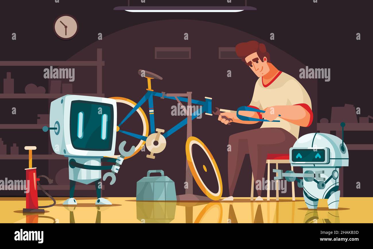 Futuristic robots flat background with two friendly robot assistants ...