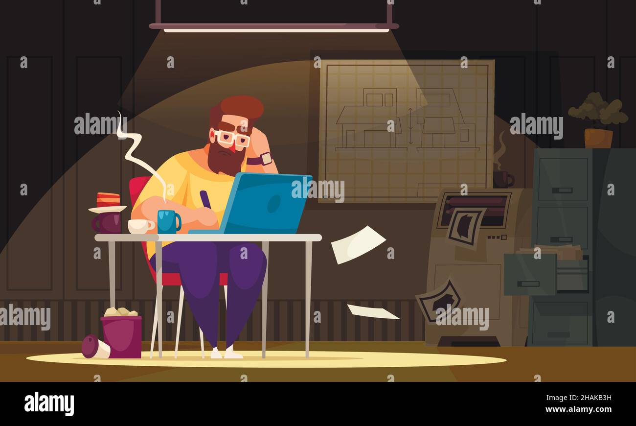 Architect designing project cartoon office composition with man at his ...
