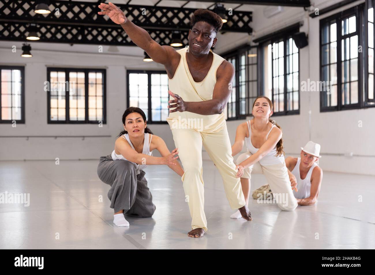 Group of international dancers training before big performance Stock ...