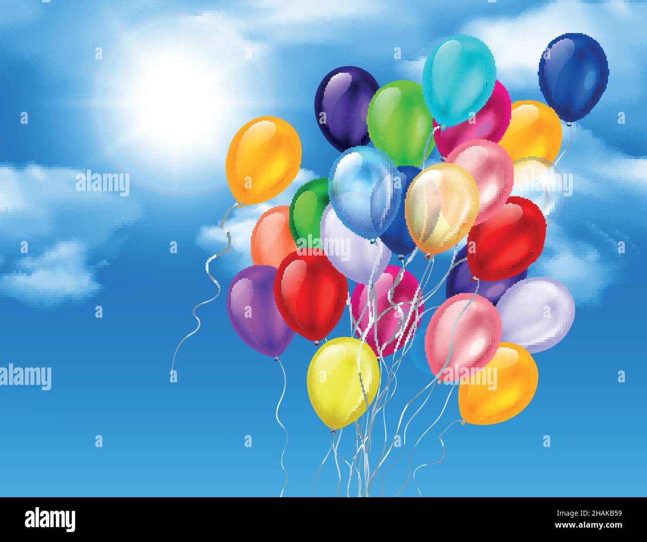 Colorful balloons bunch on sky realistic composition with sun heaven ...