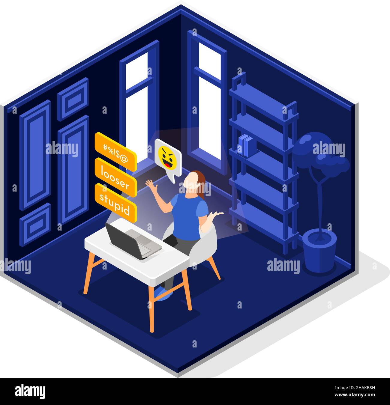 Cyber bullying isometric composition with female character of bully ...