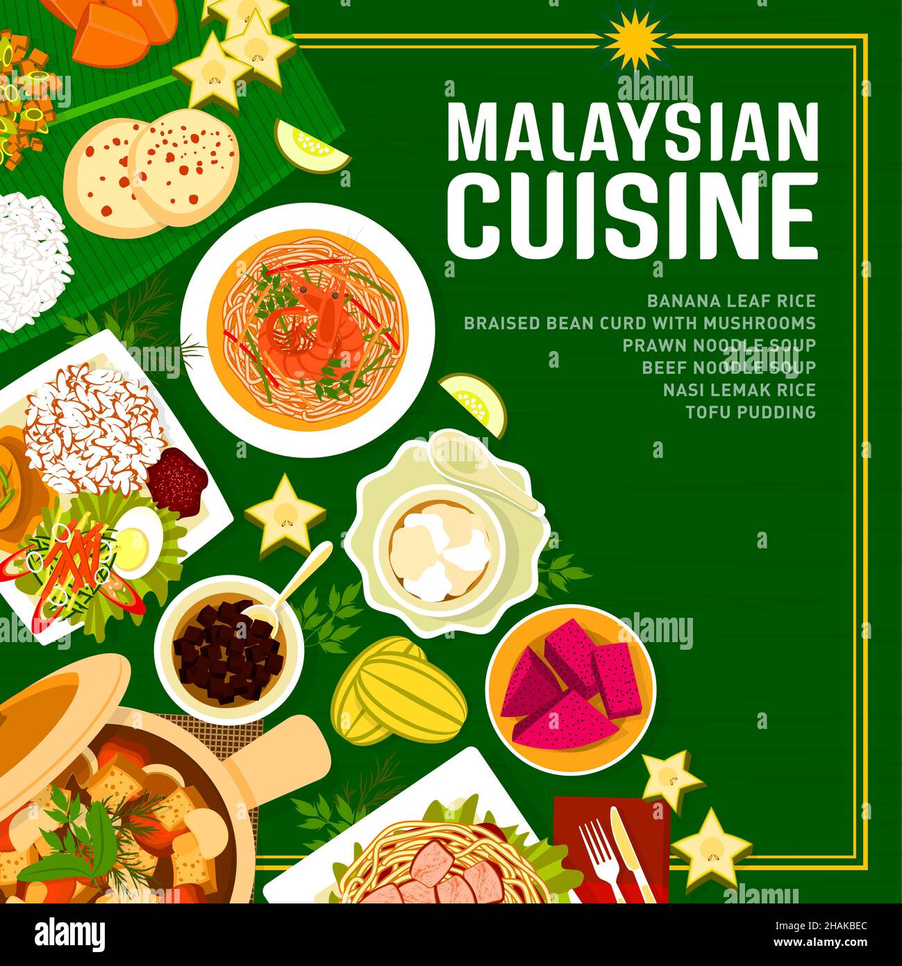 Malaysian cuisine menu cover with Malay food and Asian dishes of rice ...
