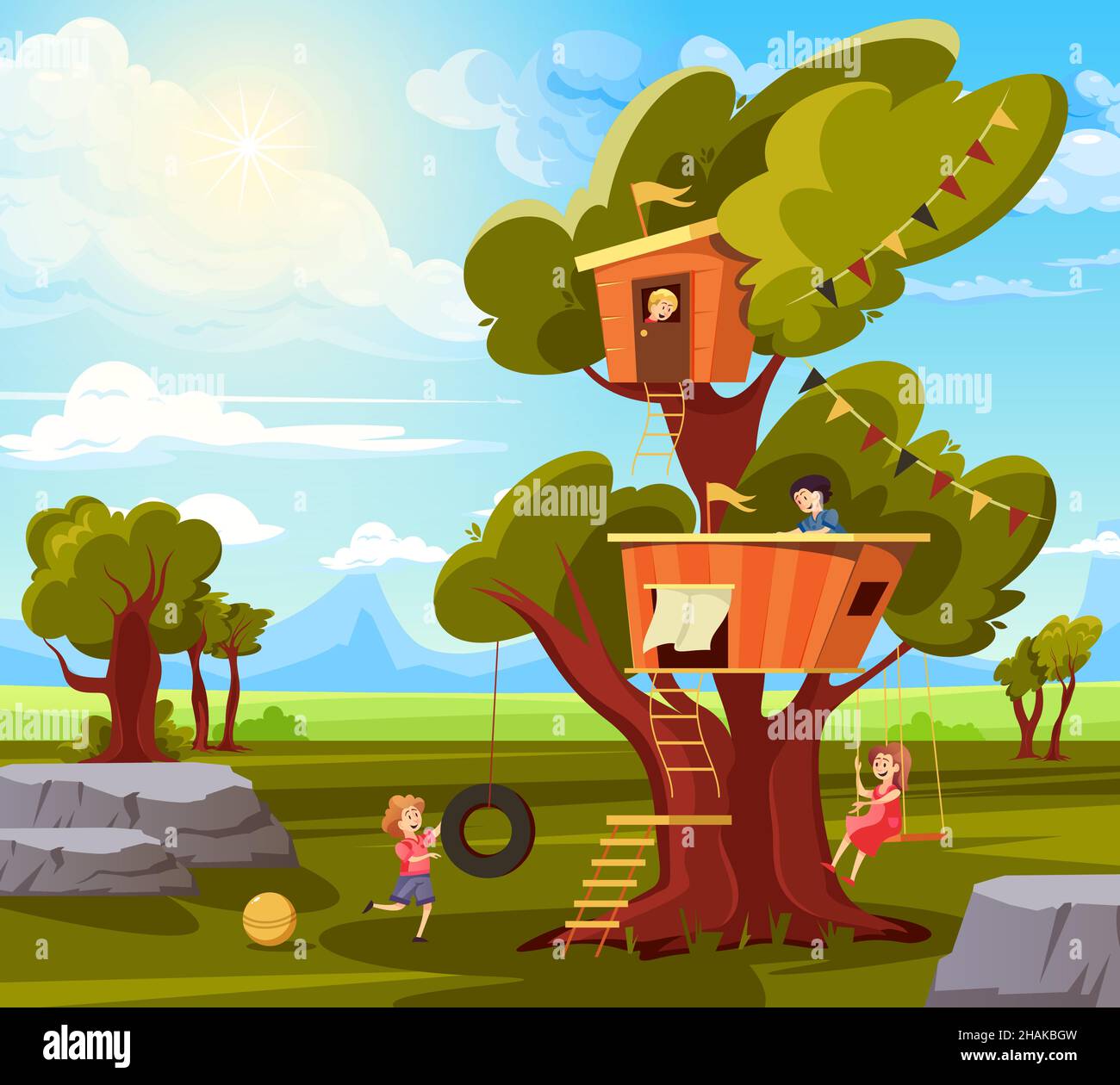 Children tree wood house composition with outdoor landscape and playing ...