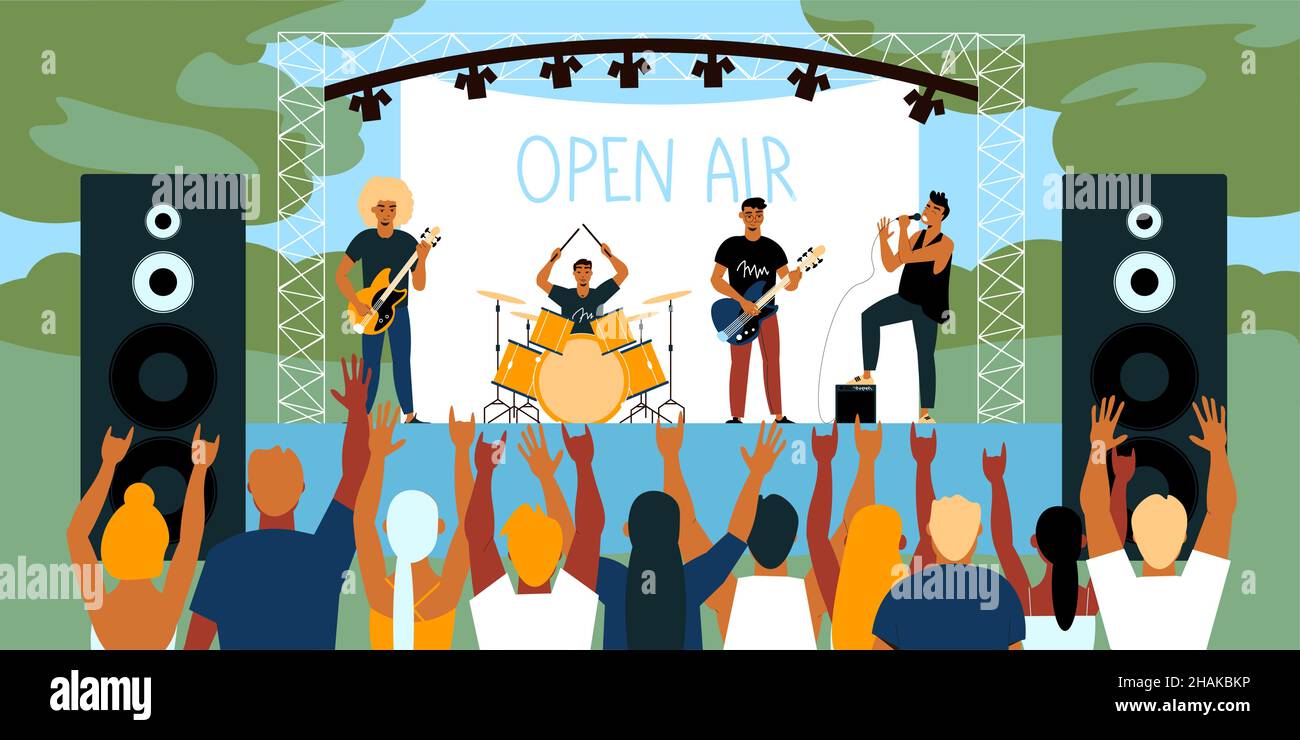 Open air festival horizontal banner with musicians on stage and fans ...