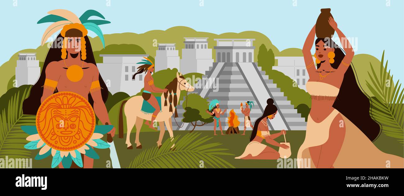 Maya civilization with mayan natives on background with ancient pyramid ...