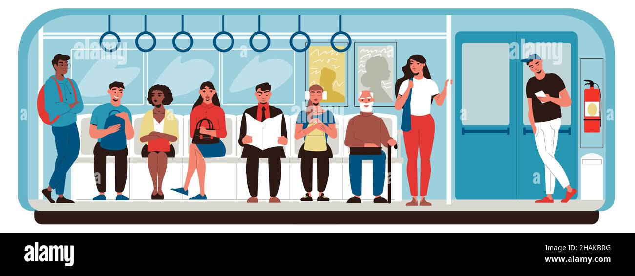 Different people ride the subway car read newspapers and look at their ...