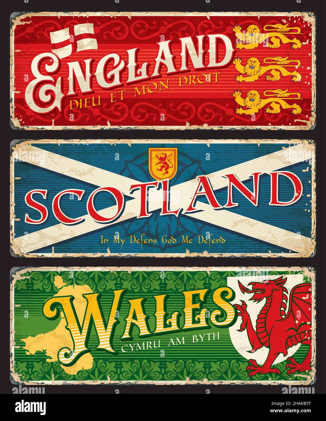 England, Scotland, Wales british regions plates or stickers, vector tin ...