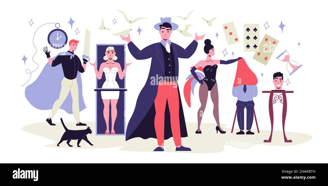 Flat composition with magic show actors magicians assistants wearing ...