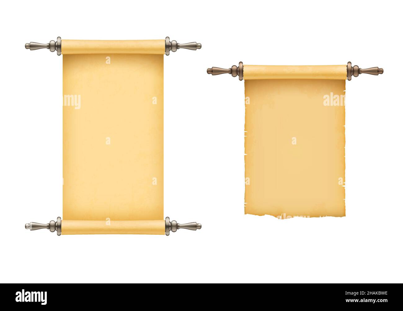 Old parchment paper scroll and ancient papyrus manuscript roll. Vector antique letter, history ...