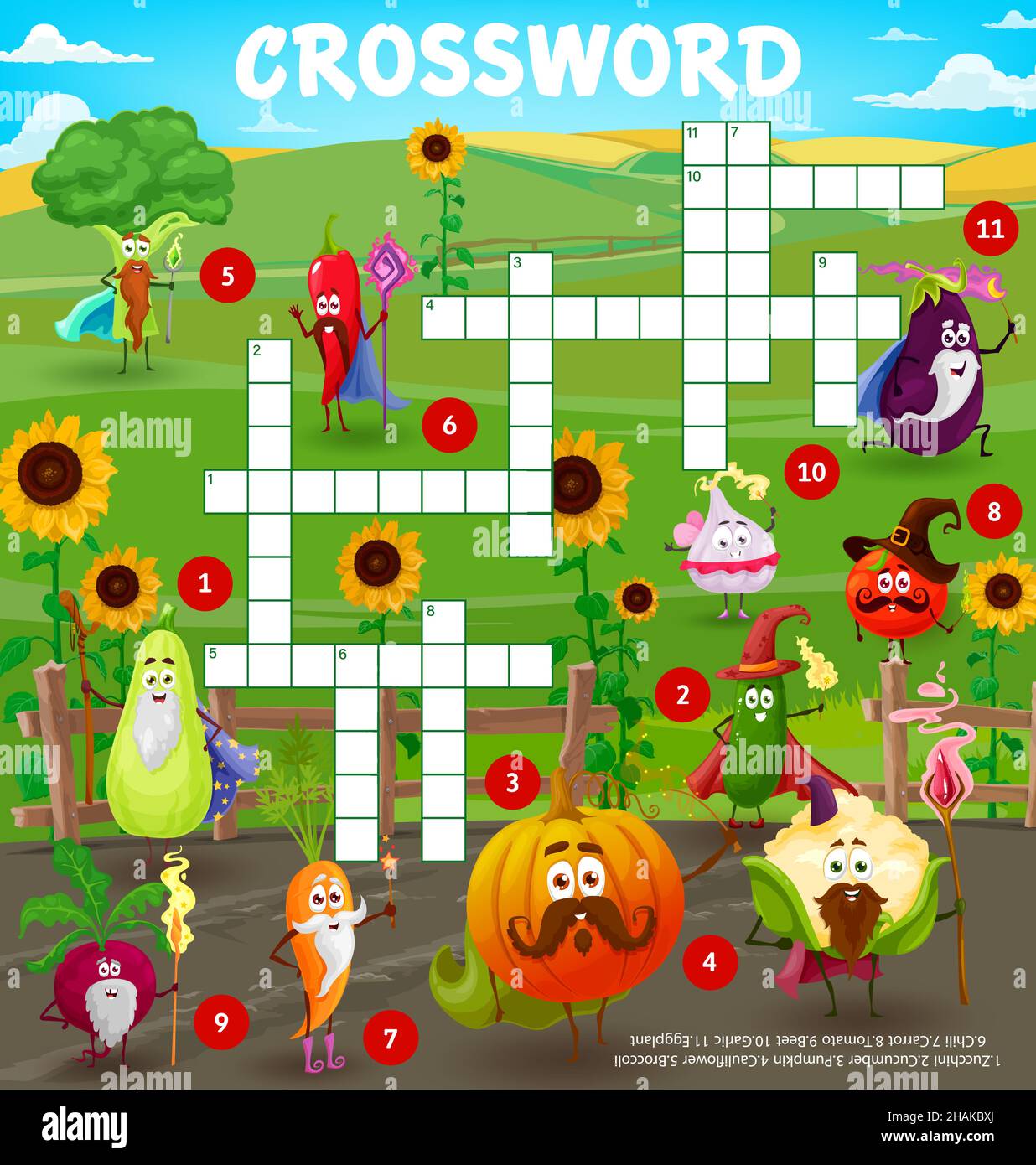 Cartoon farm vegetable wizards and sorcerers, crossword puzzle vector ...