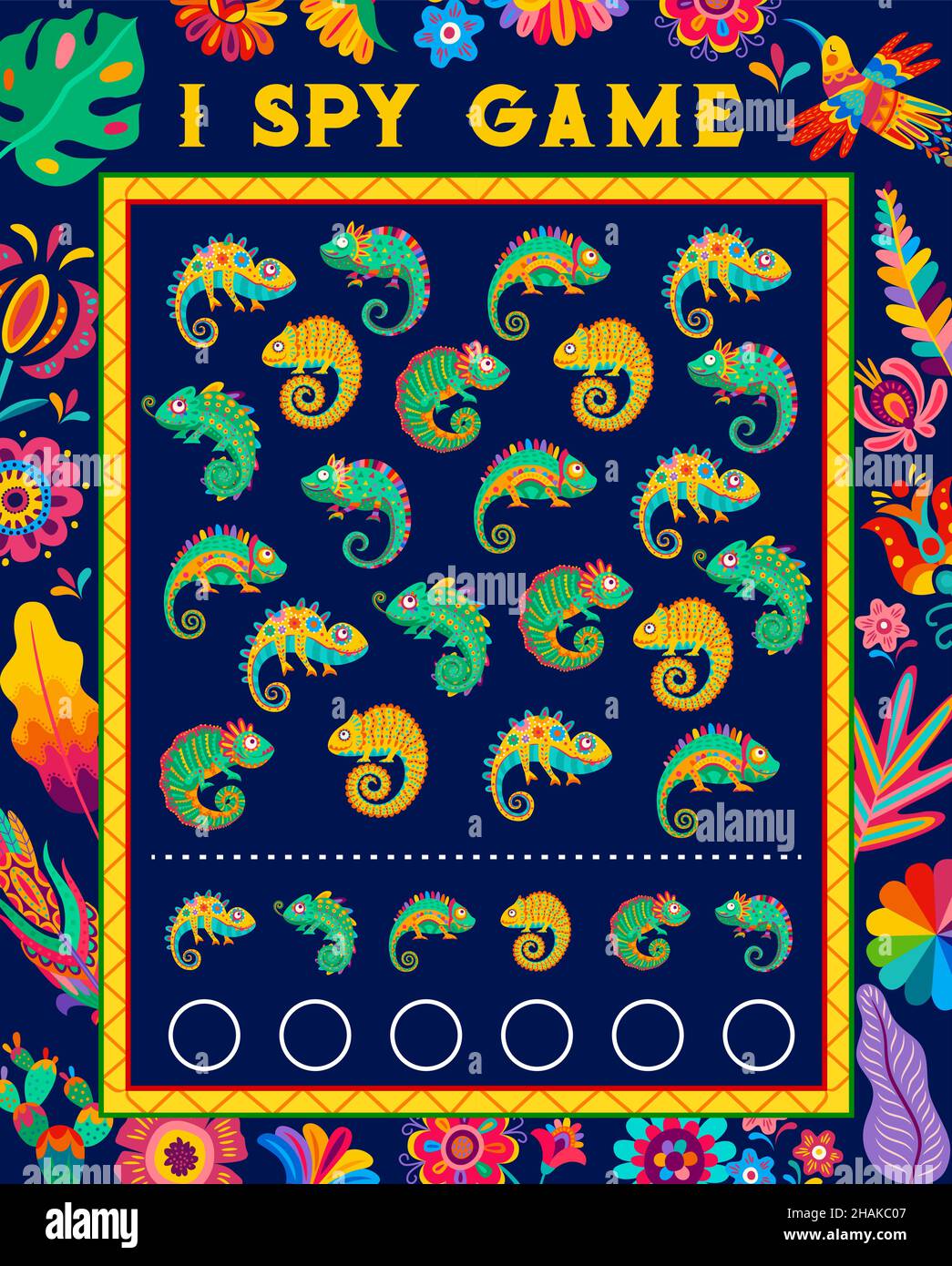 I spy game worksheet with cartoon funny Mexican chameleons and flowers ...