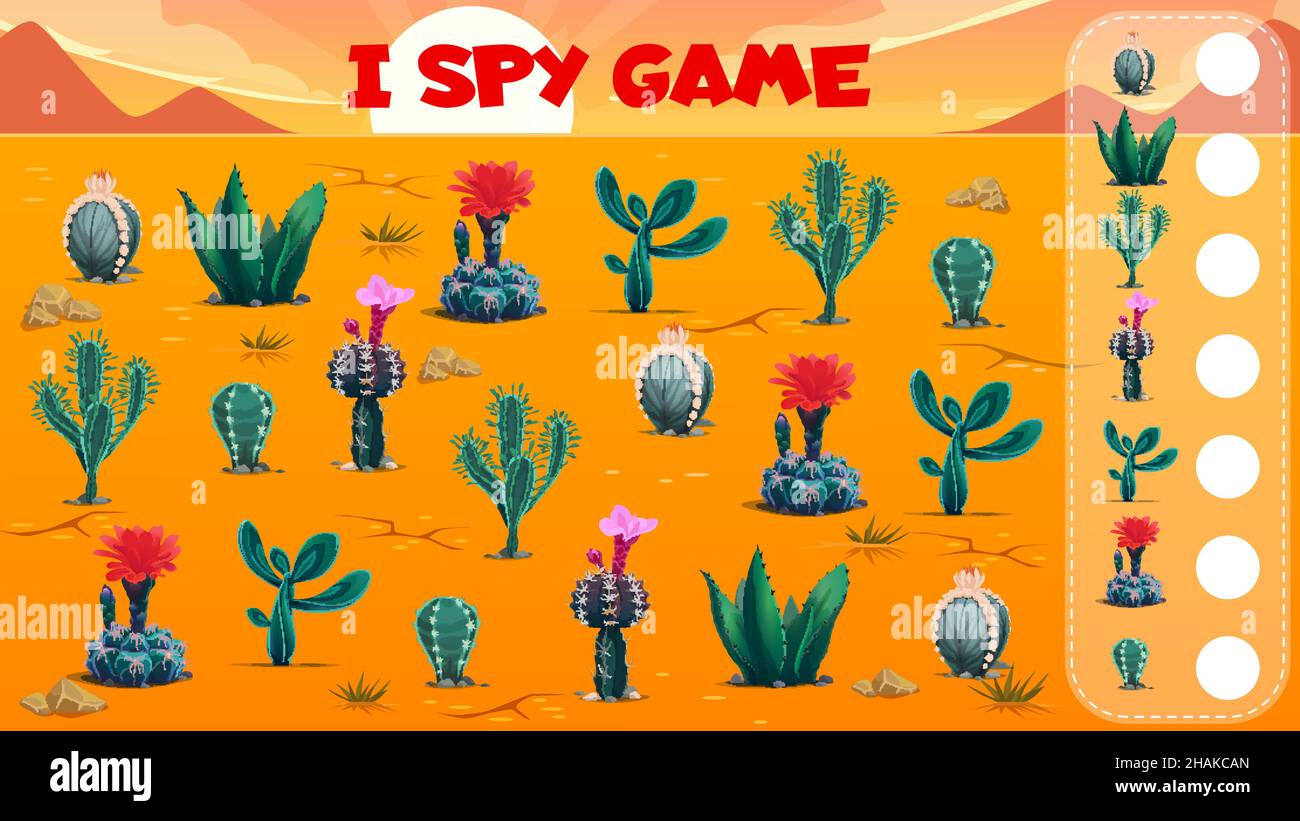 I spy game worksheet. Mexican cactus succulent plants in desert vector ...