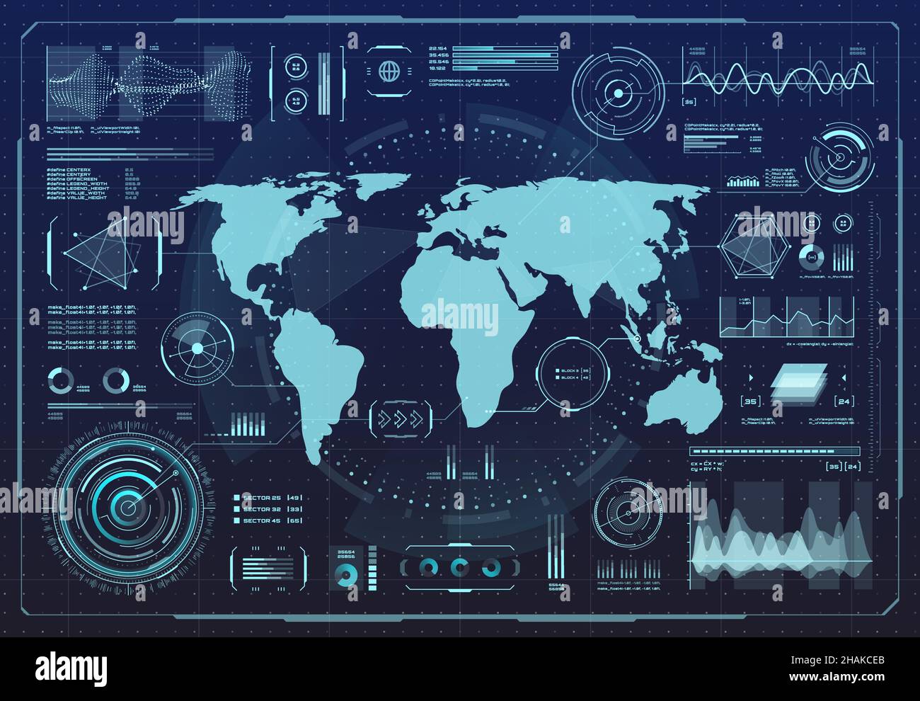 HUD hologram interface, digital earth map infographic charts and graphs ...