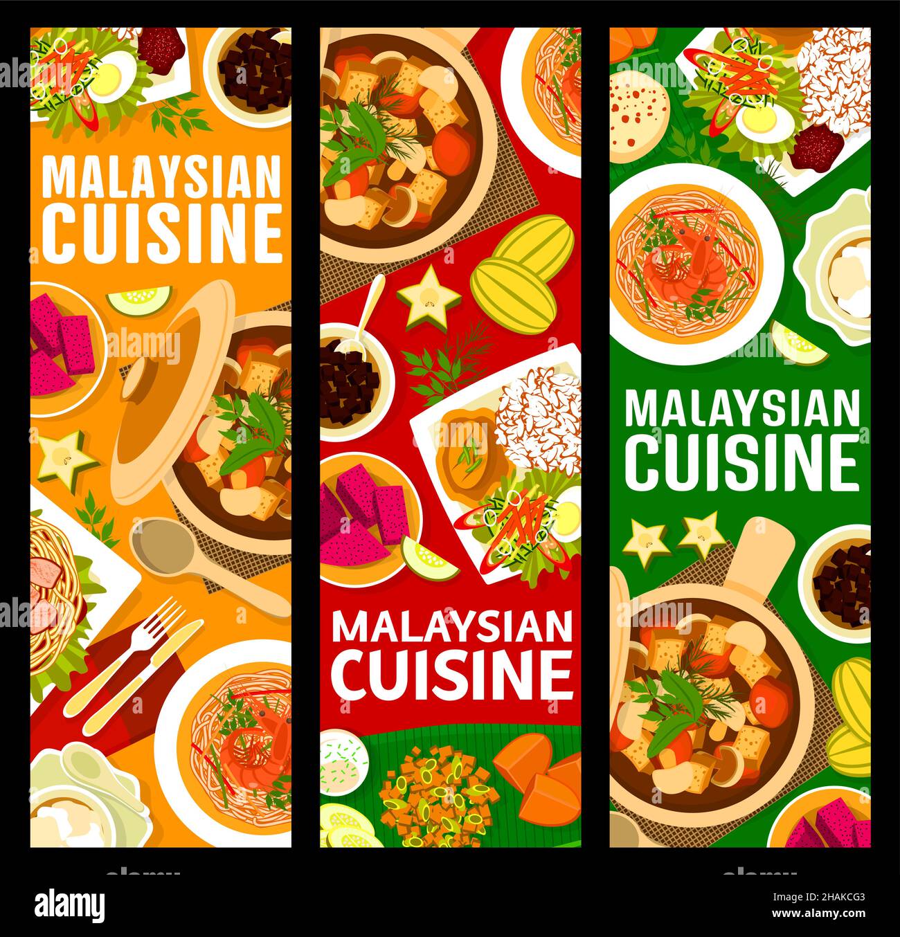 Malaysian cuisine food banners with Asian dishes and Malay meals ...