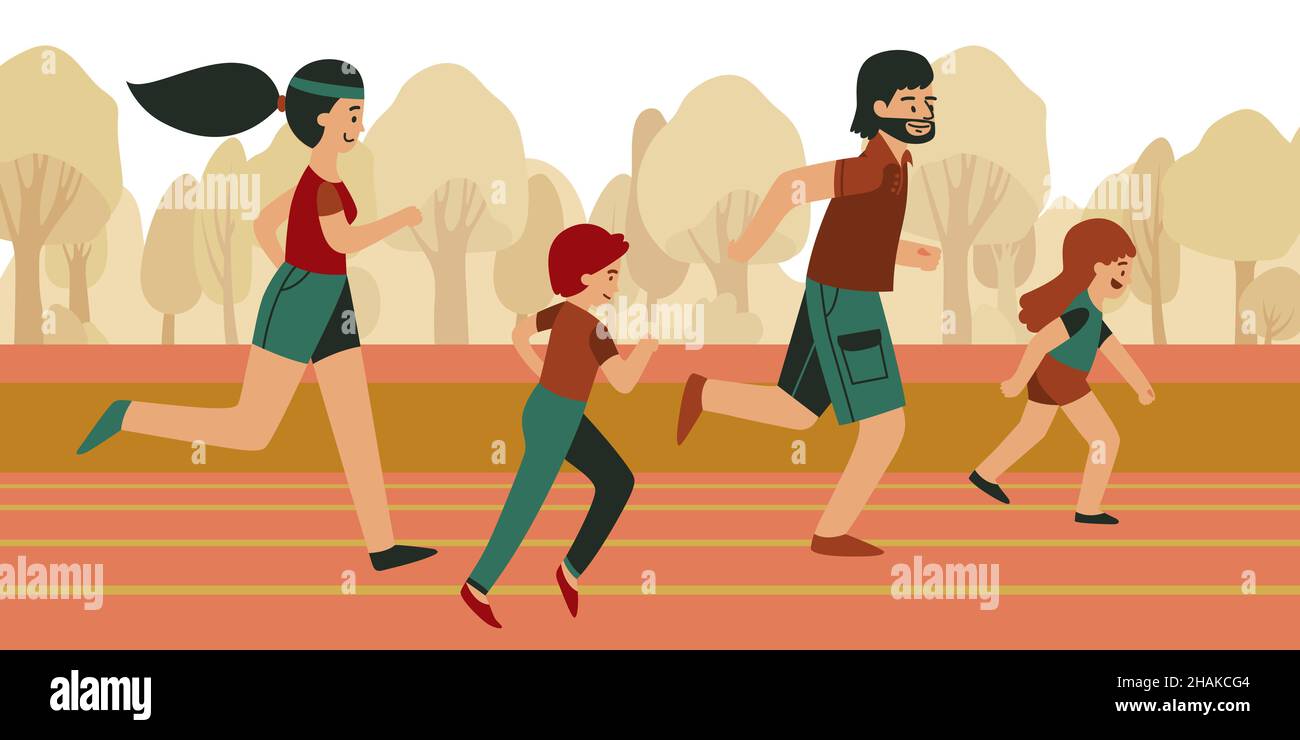 Family fitness composition with outdoor scenery of running track with ...