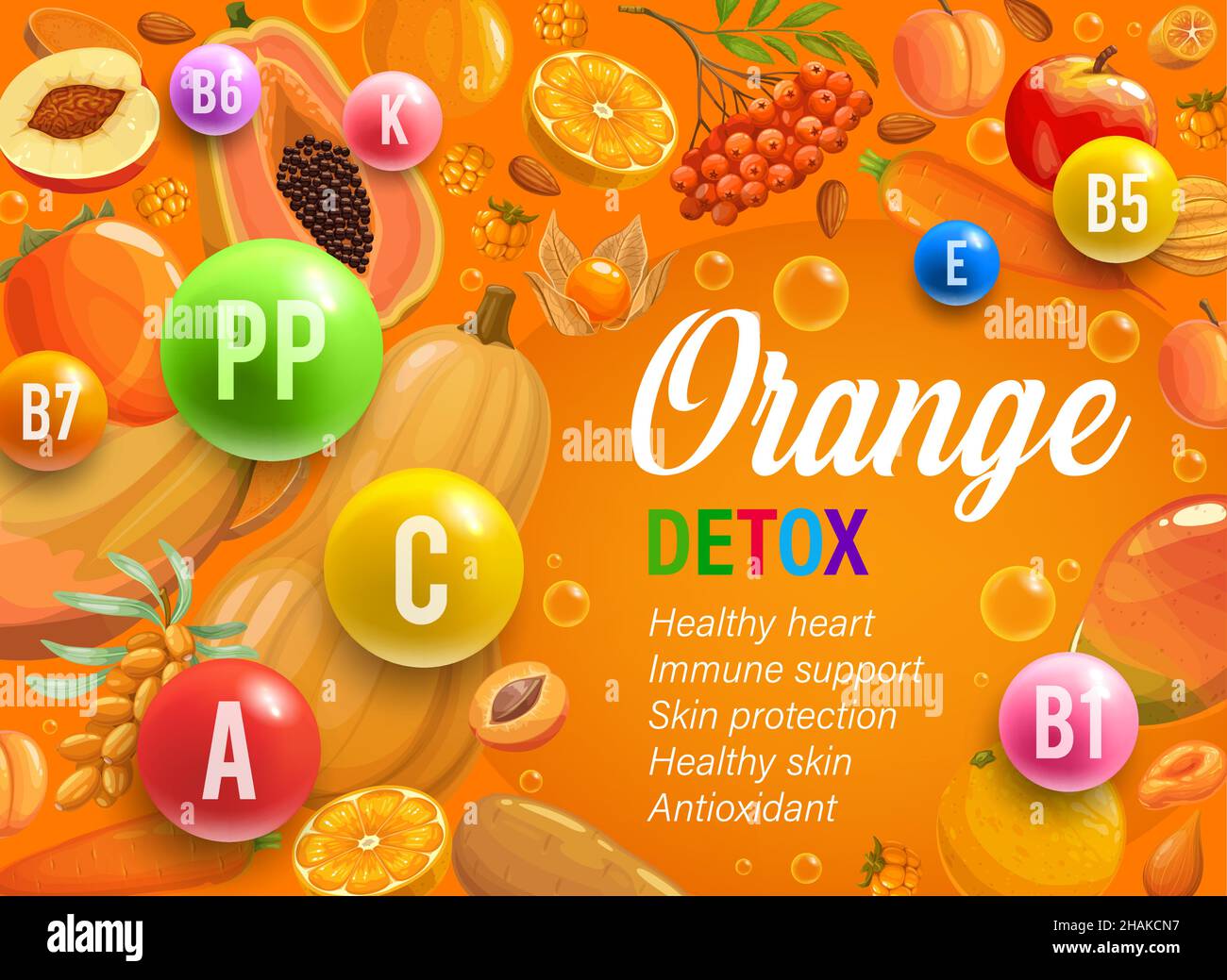 Orange day of color rainbow diet for detox program, vector healthy food ...