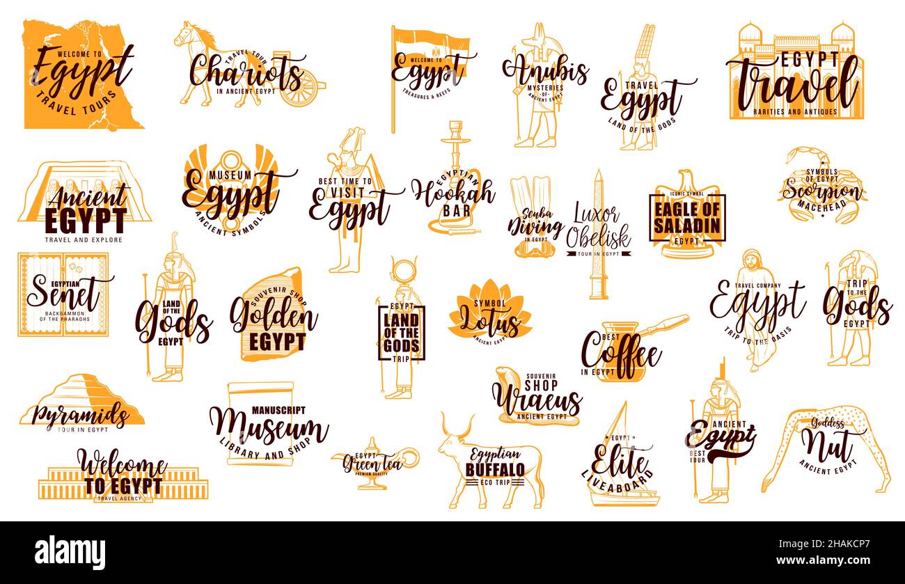 Egypt travel lettering icons with Egyptian landmarks, culture and ...