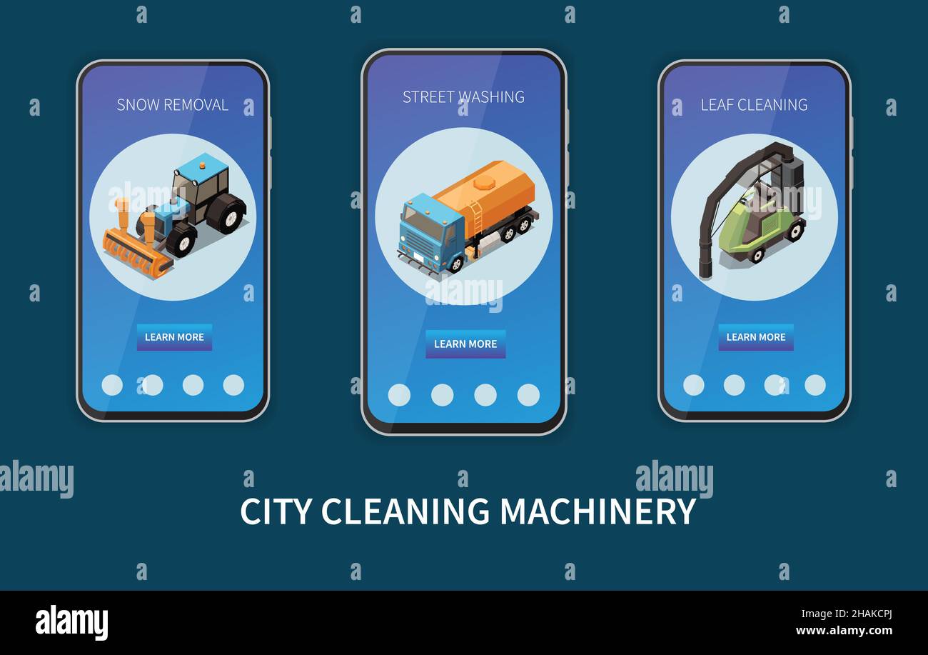 City cleaning machinery info app 3 smartphone screens with street ...
