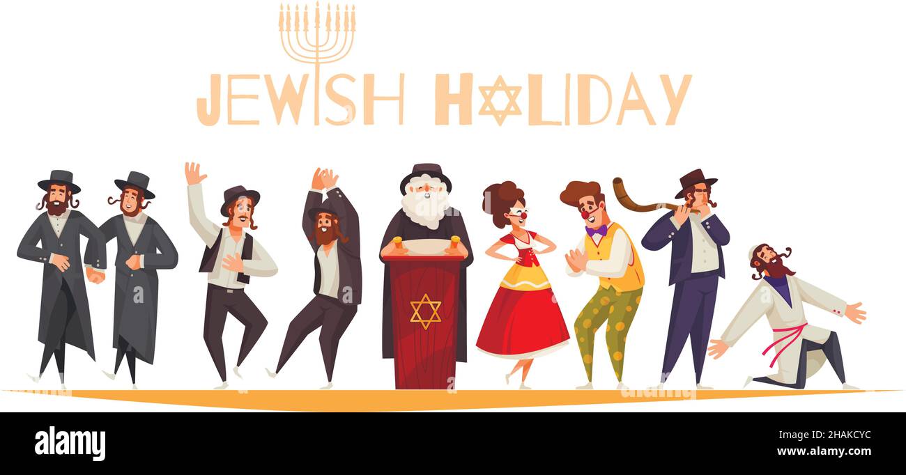 Jewish holiday cartoon composition with happy people during celebration ...