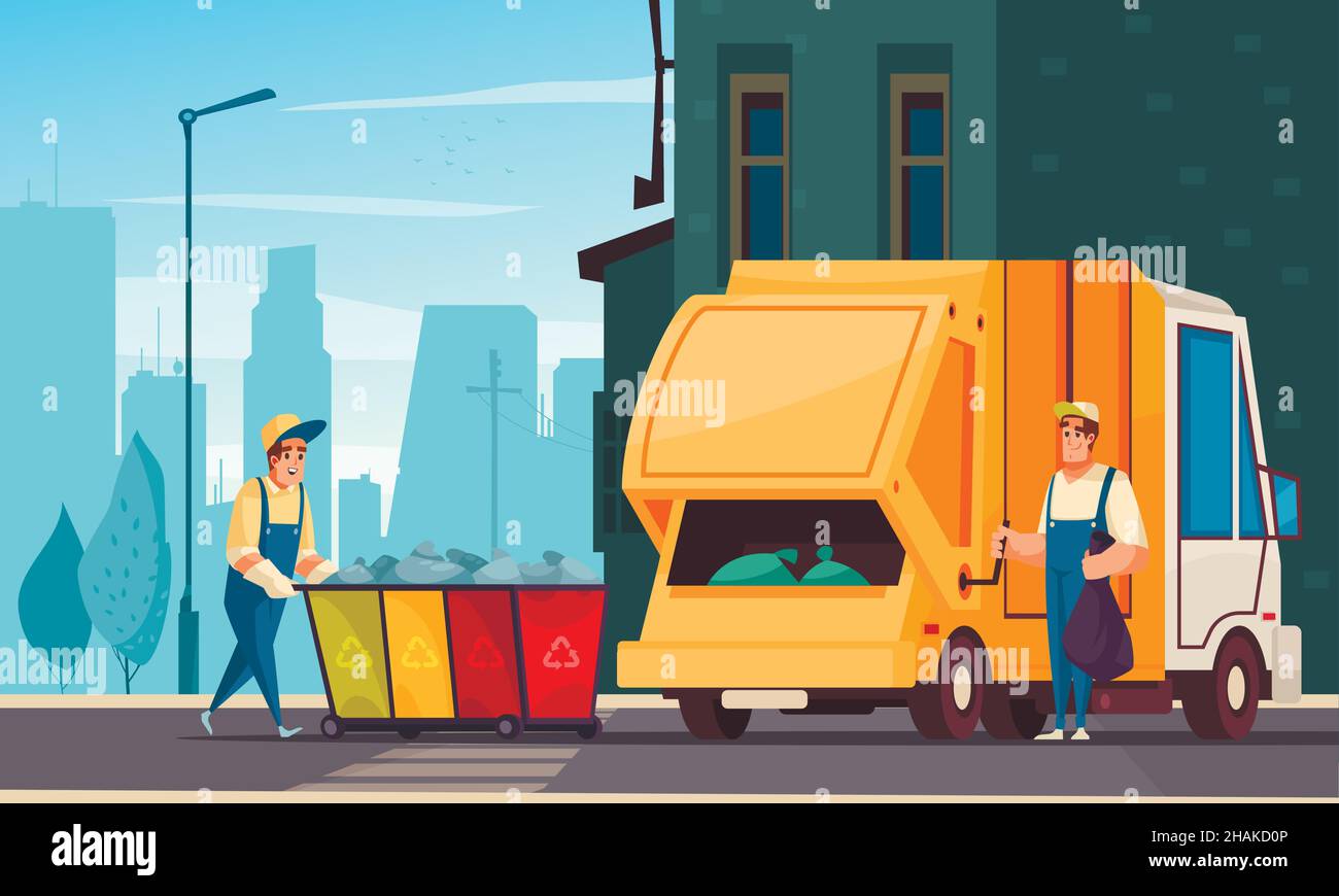 Two workers in uniform loading waste from trash containers into garbage ...