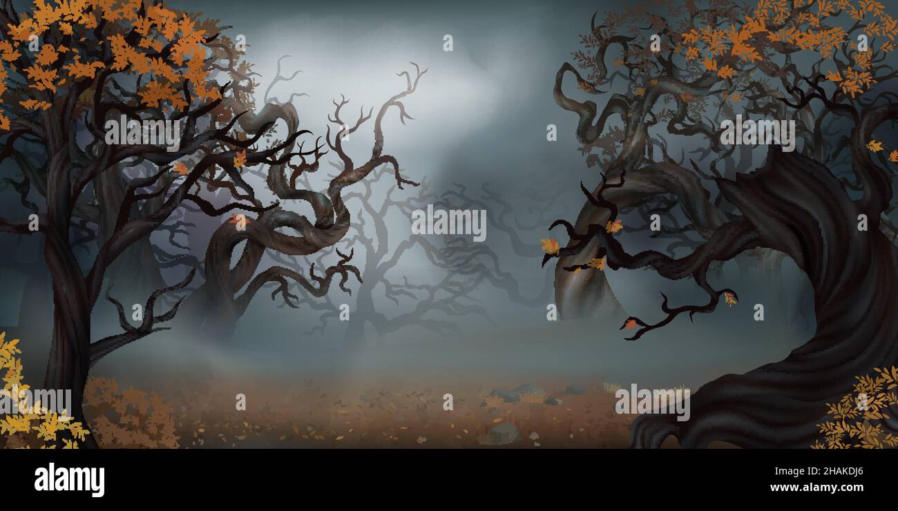 Spooky halloween autumn fantasy forest in fog realistic background ...