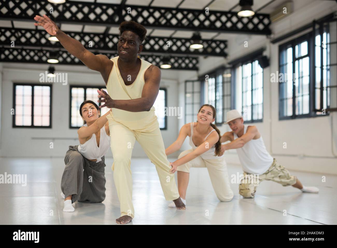 Group of international dancers training before big performance Stock ...