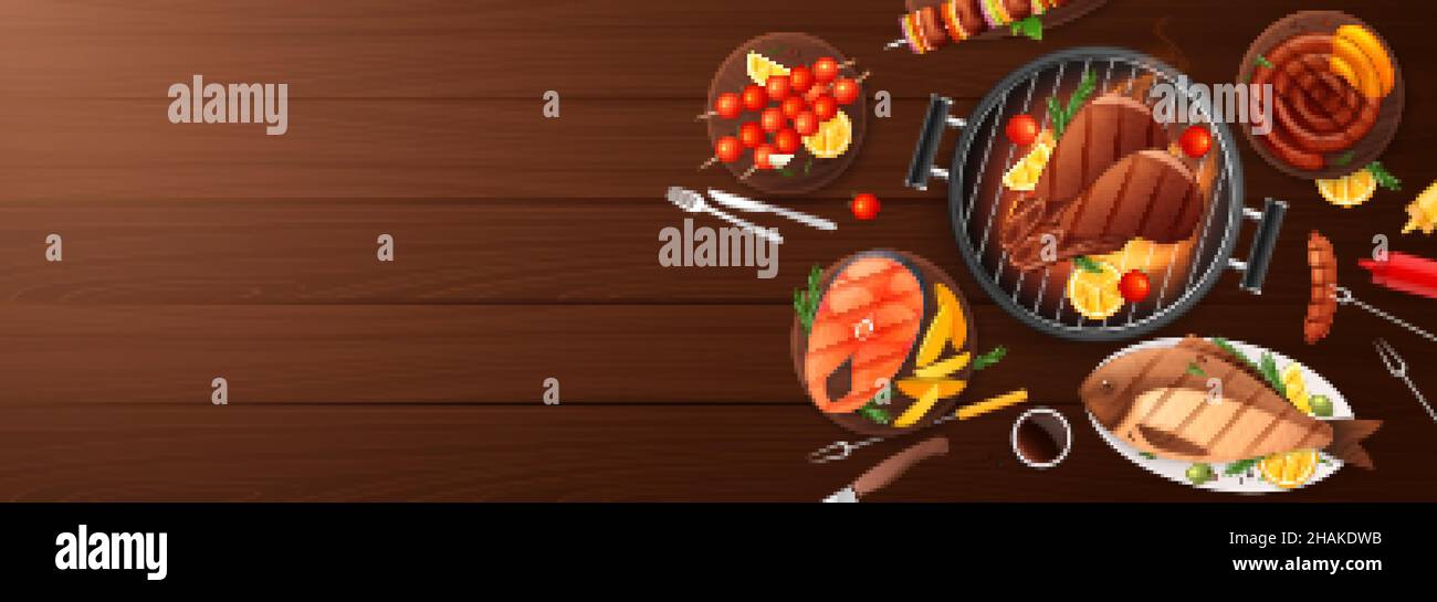 Bbq grill party flat background with composition of wooden background ...