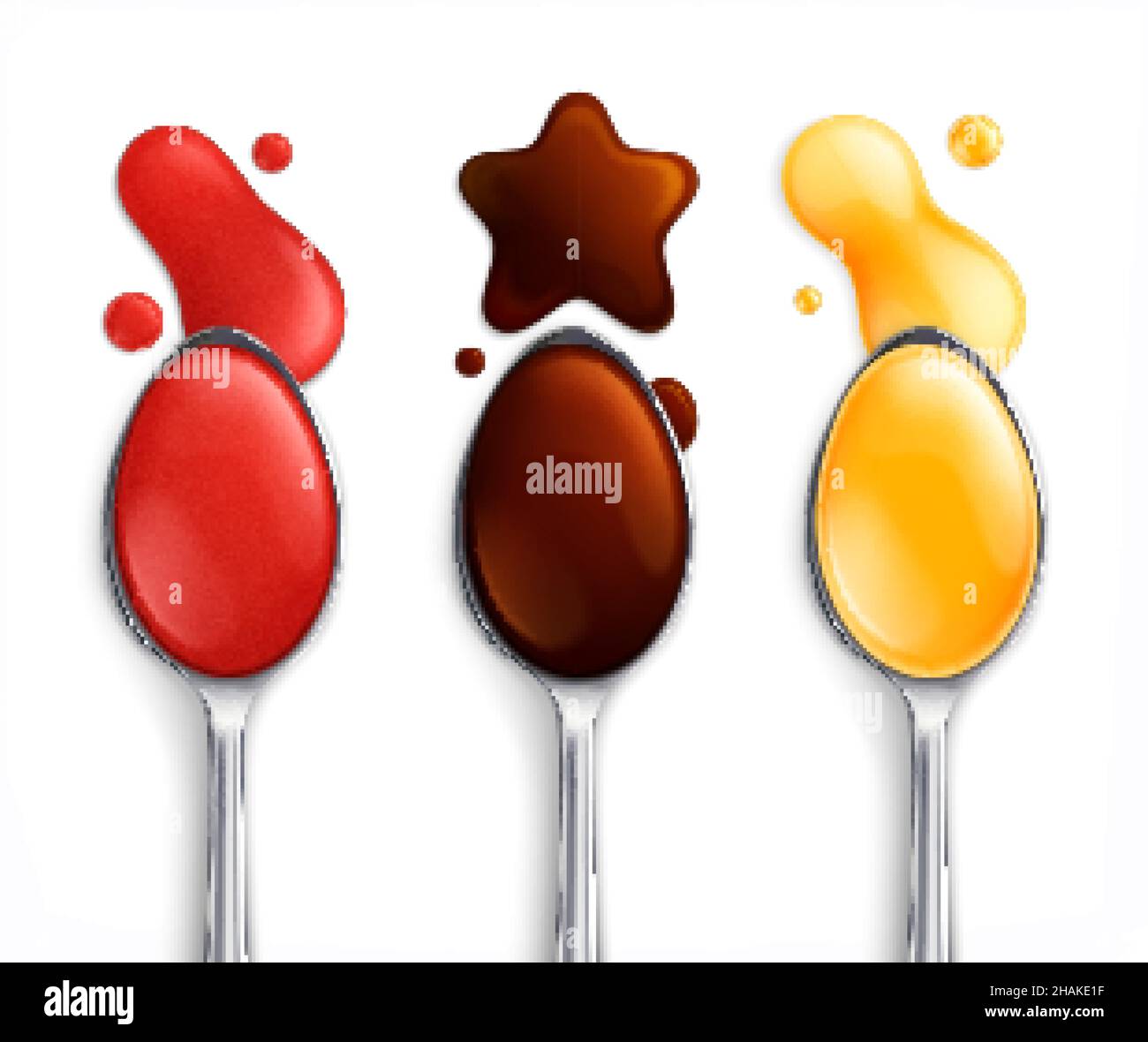 Blots and sauces realistic set with isolated images of silver spoons ...