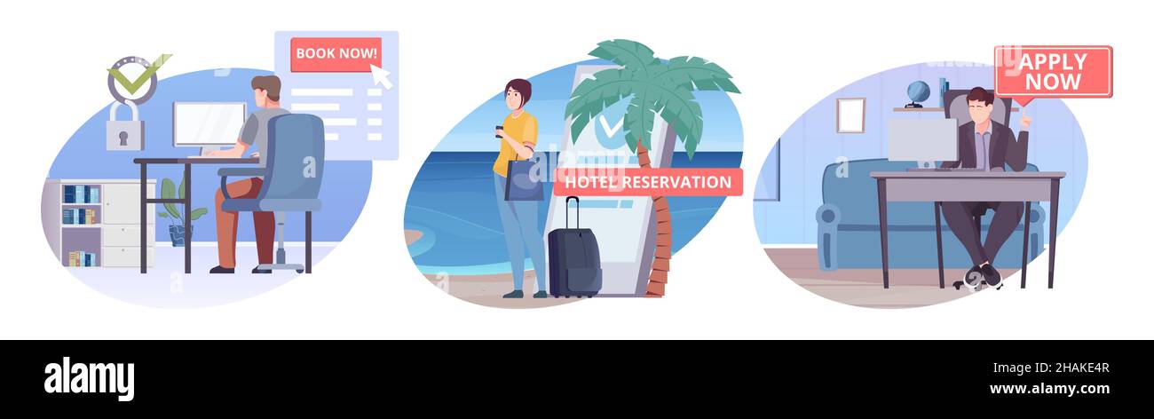 Book now set of three isolated compositions with characters of tourist ...