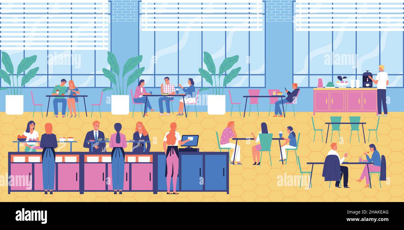 Canteen queue composition with indoor scenery food court tables with ...