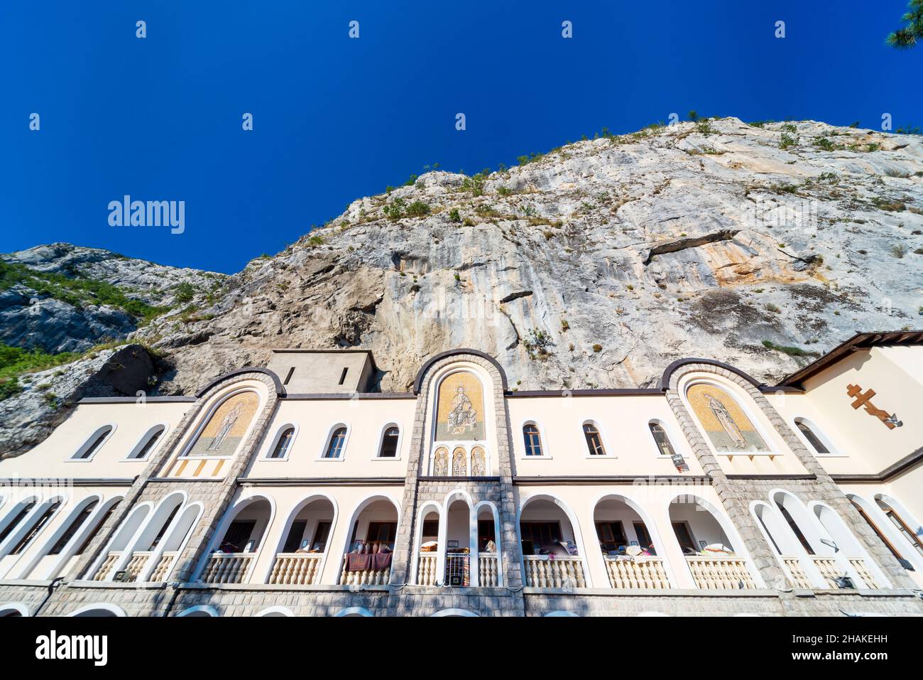Low wide angle view of lower main monastery.A Serbian orthodox building ...