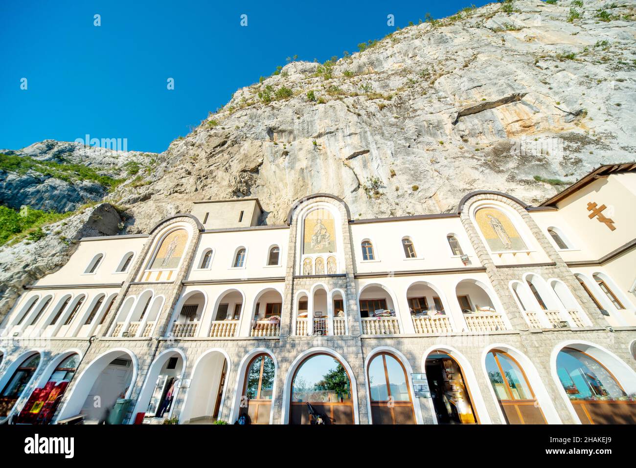 Low wide angle view of lower main monastery.A Serbian orthodox building ...