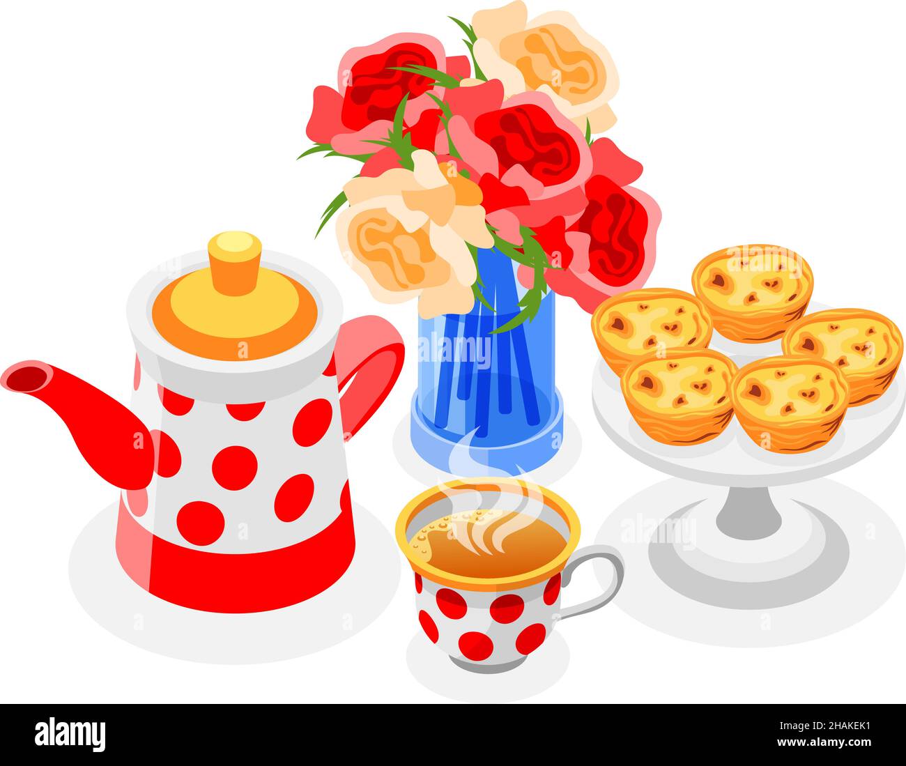 Tea day composition with teapot flowers and teacup isometric vector ...