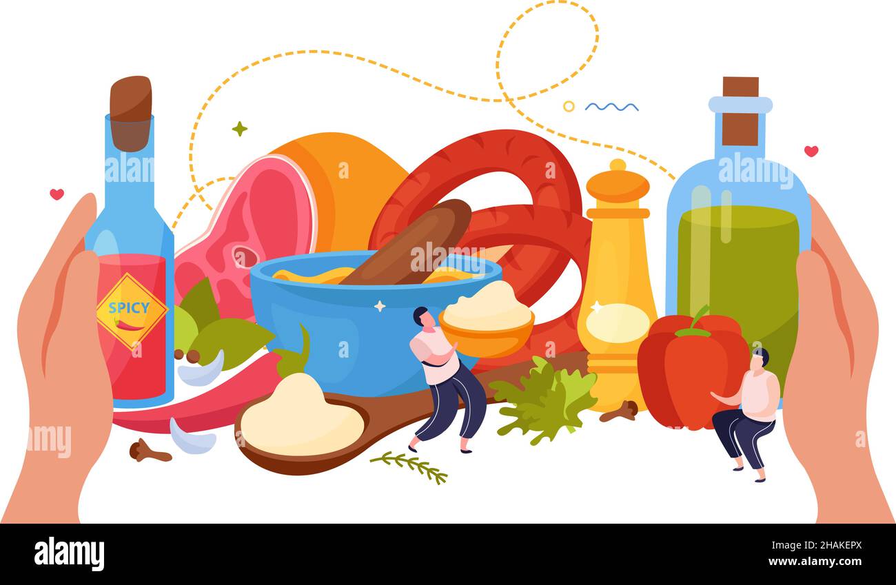 Spices flat background with human hands holding bottles with spicy and ...