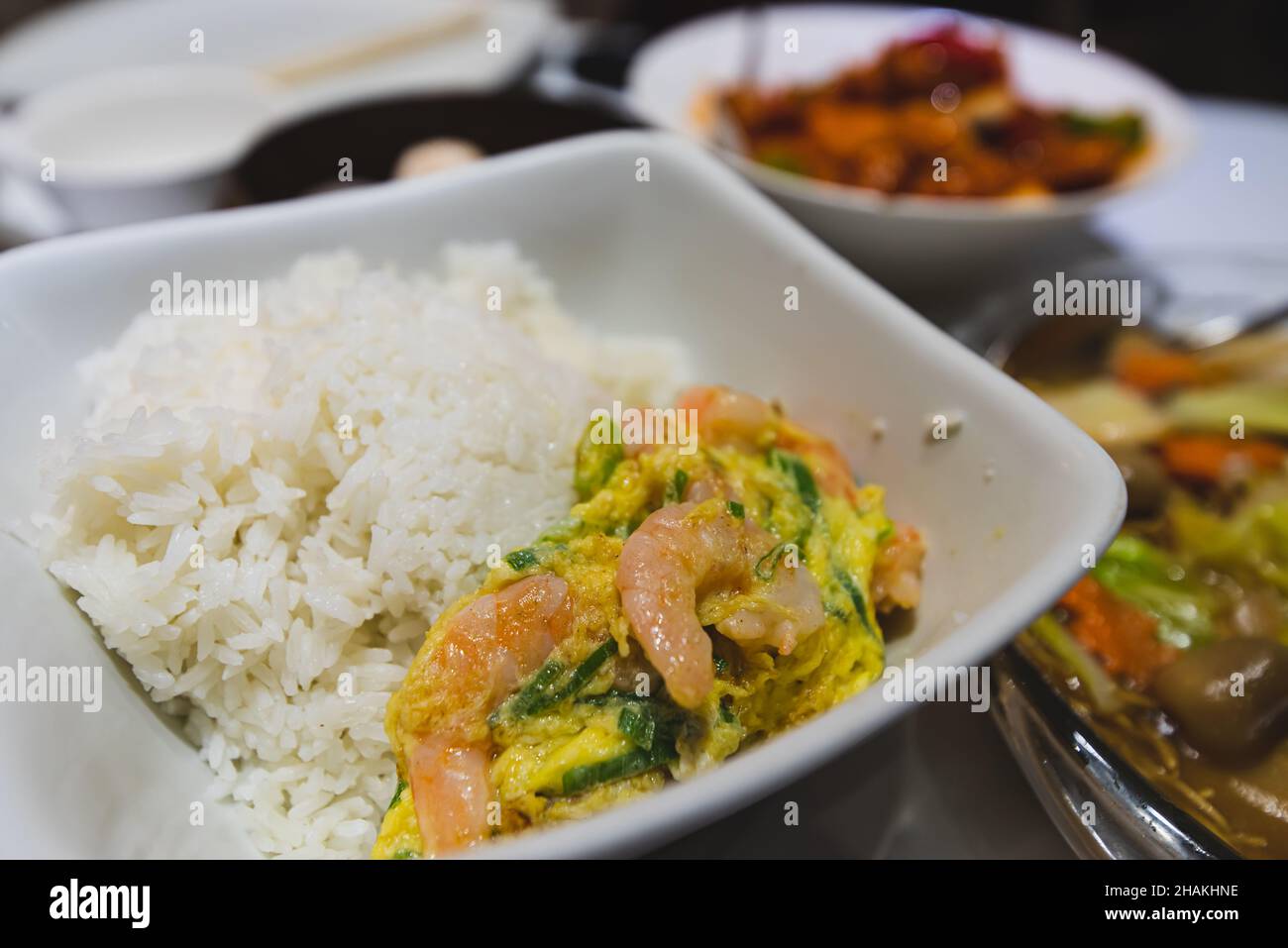 Popular chinese food Rice with Shrimp omelet at Restaurant Stock Photo ...
