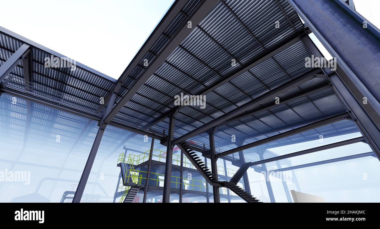 Industrial factory structure with mechanical machines for production ...