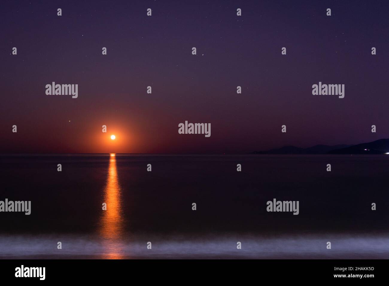 Beautiful full moon over the lake water with moonlight reflection at ...