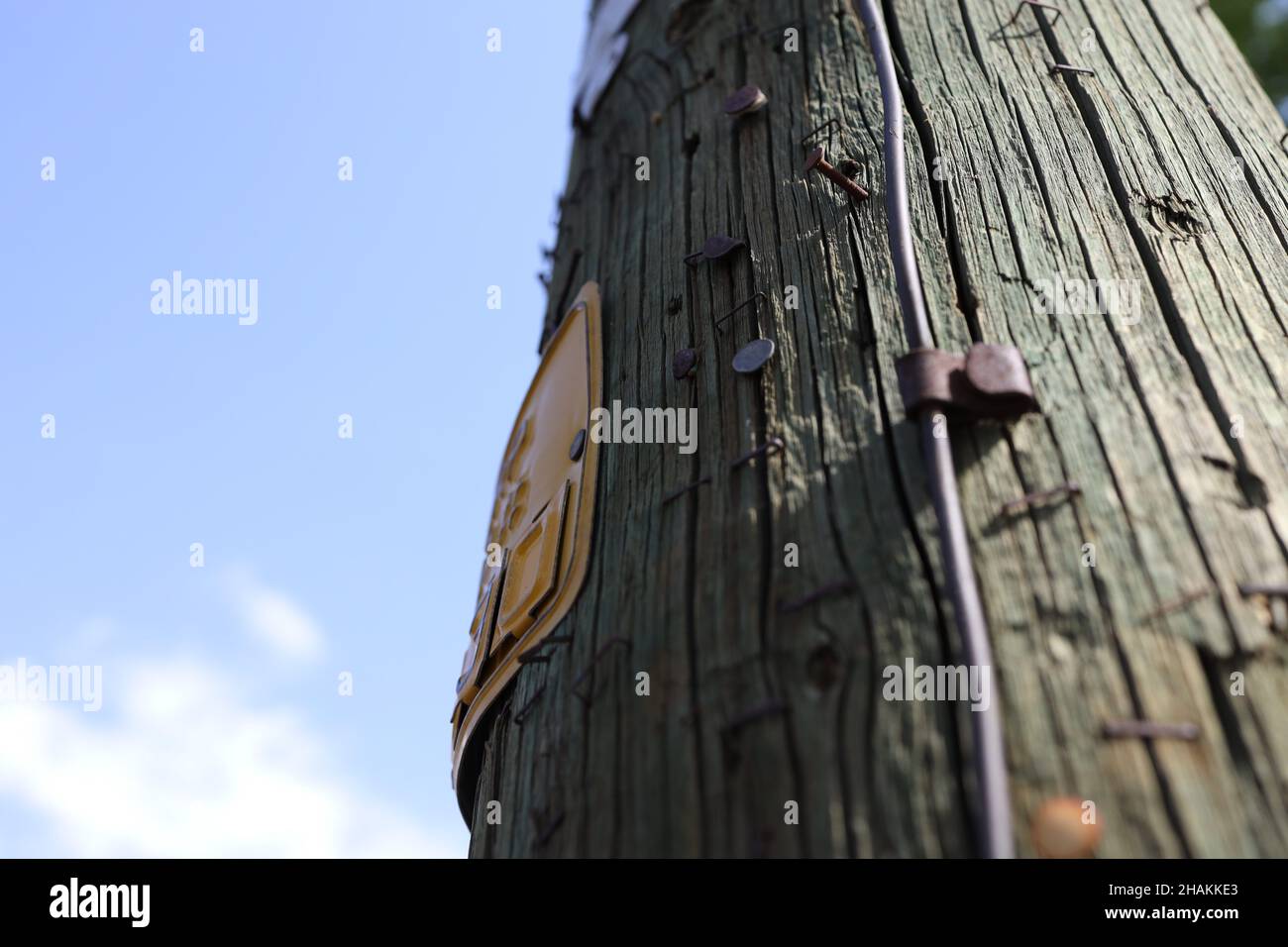 Low angle shot of a caution sign on a wooden column Stock Photo - Alamy